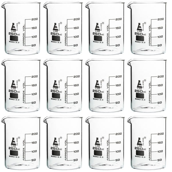 Eisco 12PK Beakers, 250ml - Griffin Style, Low Form with Spout - White, 50ml Graduations BK0107