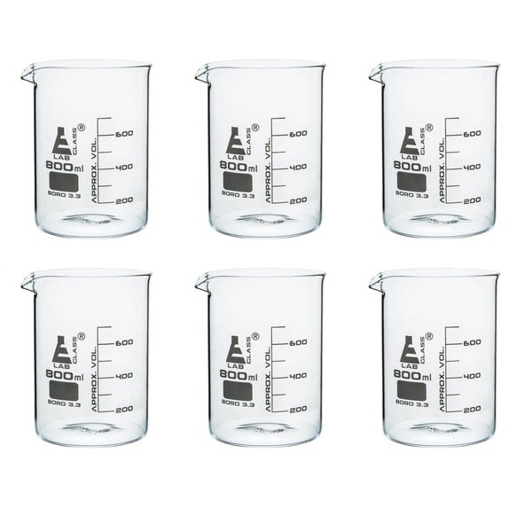 Eisco 6PK Beakers, 800ml - Griffin Style, Low Form with Spout - White, 100ml Graduations BK0111