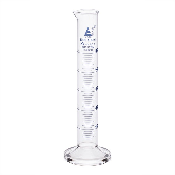 Eisco Graduated Cylinder, 50ml - Class A - Blue Graduations, Round Base CH0344K