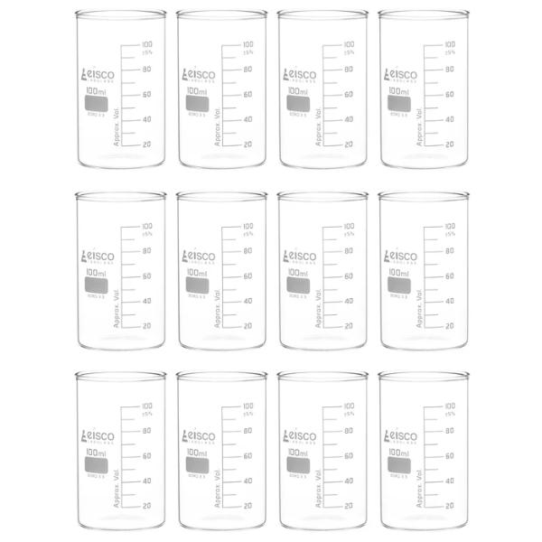 Eisco 12PK Beakers, 100mL Berzelius Tall Form, No Spout Graduated Borosilicate Glass CH2003PK12