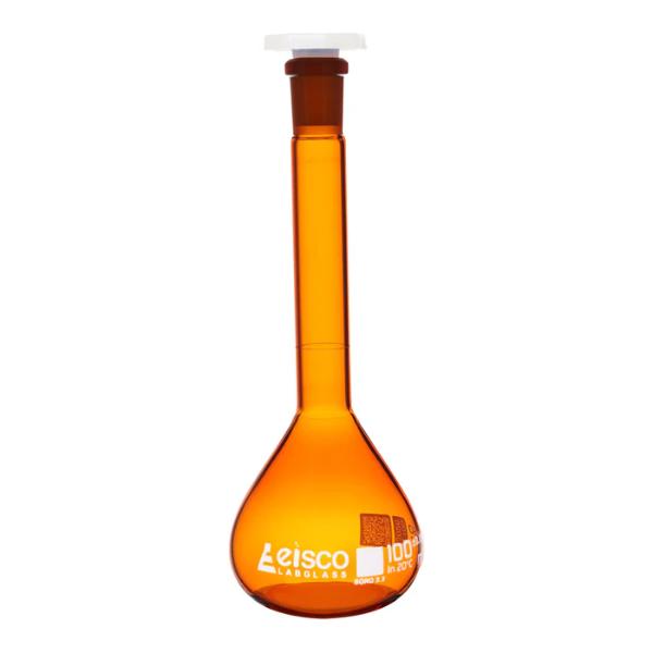 Eisco Amber Volumetric Flask, 100mL Class A Borosilicate Glass, Polyethylene Stopper CH3046