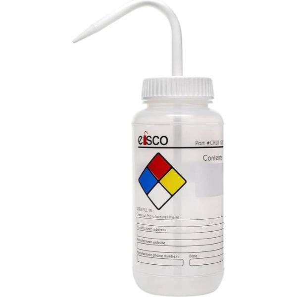 Eisco Chemical Wash Bottle, Blank Labels, 500mL Wide Mouth, Self Venting, Low Density CHWB1007