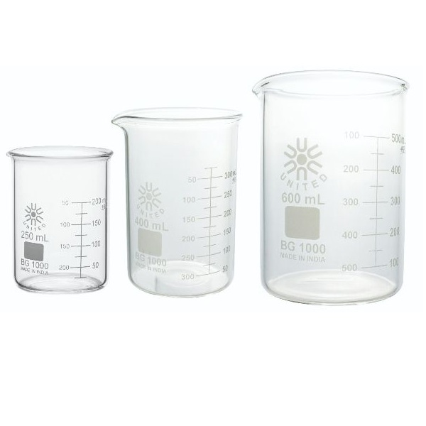 United Scientific Glass Beaker Set of 3, Borosilicate BGSET3