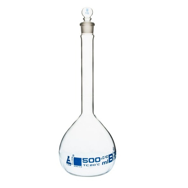Eisco 500ml Volumetric Flask Class B, ASTM - Glass Stopper - Blue ...