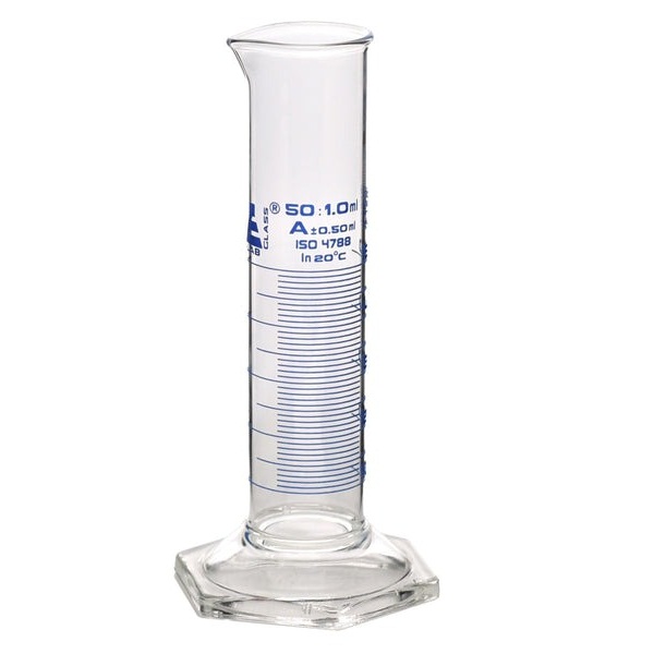 Eisco Measuring Cylinder, 50ml - Class A - Squat Form, Blue Graduations ...