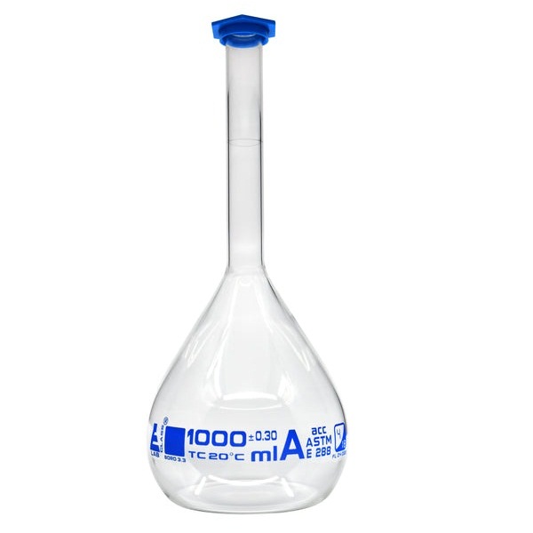 Eisco Volumetric Flask, 1000ml - ASTM, Class A - Blue Snap Cap ...