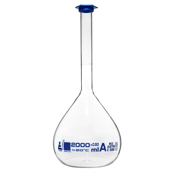 Eisco Volumetric Flask, 2000ml ASTM, Class A ±0.50 ml - Blue Snap Cap ...