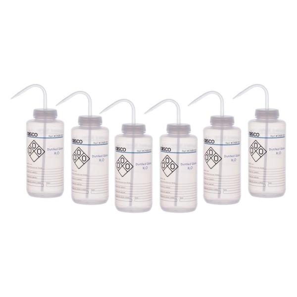 Eisco 6PK Performance Plastic Wash Bottle, Distilled Water, 1000 ml ...