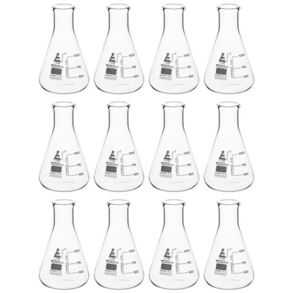 Eisco 12PK Erlenmeyer Flasks, 100mL - Narrow Neck - Borosilicate Glass ...