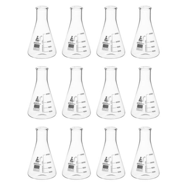 Eisco 12PK Erlenmeyer Flasks, 250mL - Narrow Neck - Borosilicate Glass ...