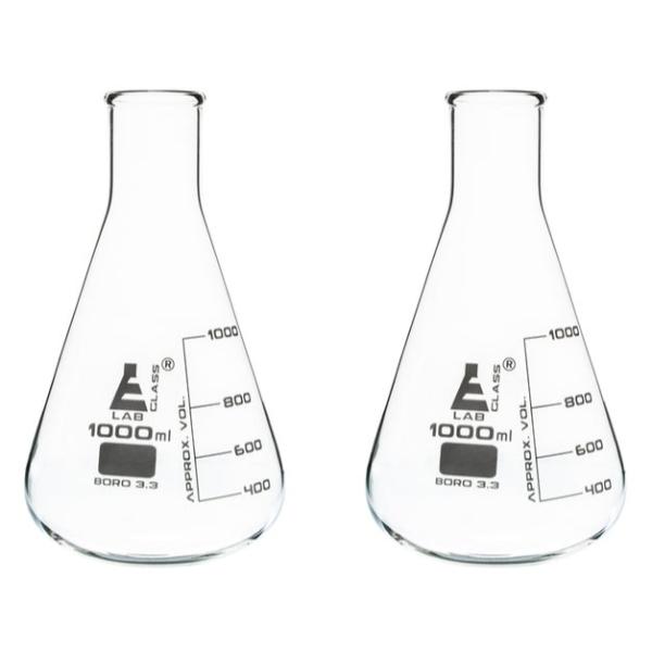 Eisco 2PK Erlenmeyer Flasks, 1000mL - Narrow Neck - Borosilicate Glass ...
