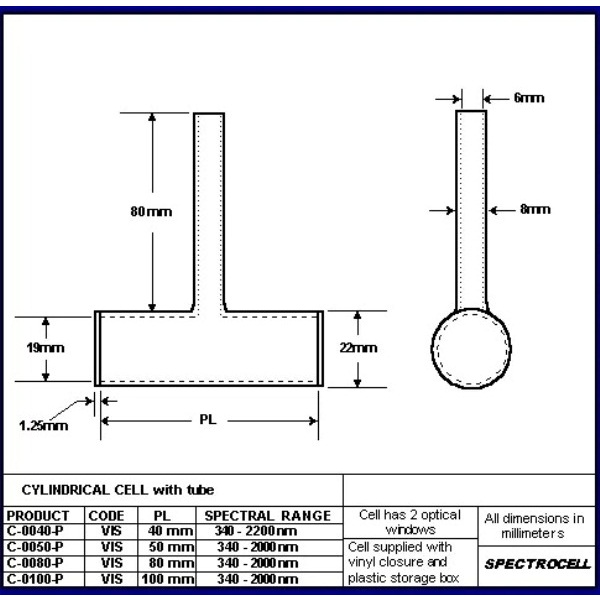 Spectrocell 50 mm Cylindrical Borosilicate Cell With Glass Tube C-0050-P