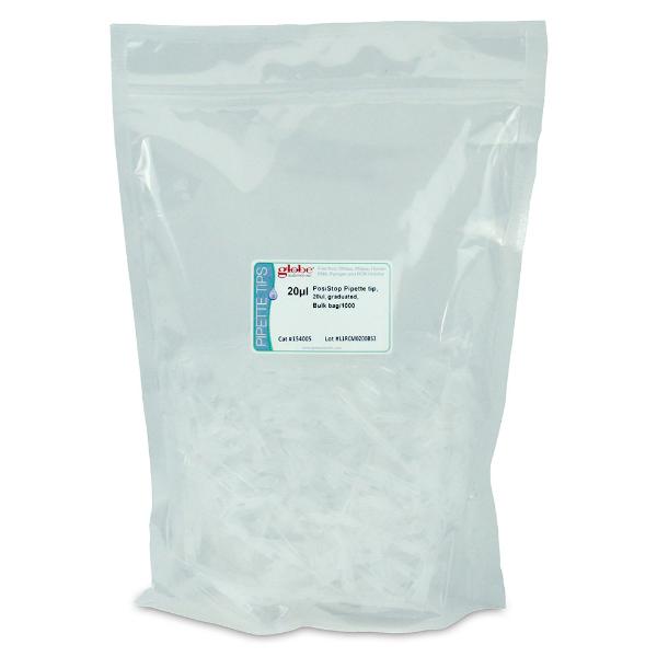 Globe Scientific Posistop Pipette Tip, 20ul, Graduated, Bulk Bag/1000 ...