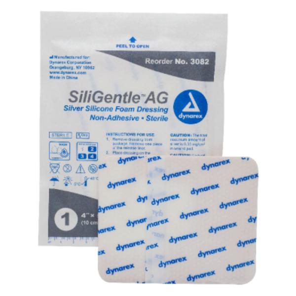 Dynarex SiliGentle AG - Silver Silicone Foam Dressing, 4" x 5", 5/10/cs ...