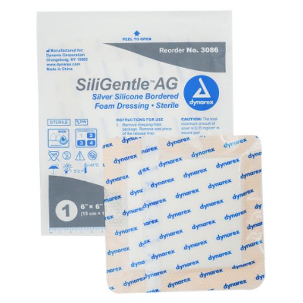Dynarex SiliGentleAG - Silver Silicone Bordered Foam Dressing, 6" x 6 ...
