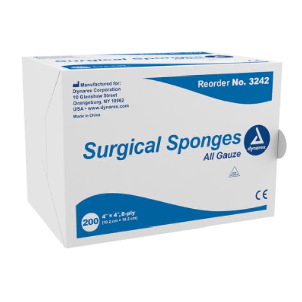 Dynarex Surgical Gauze Sponge, 4" x 4" 8 Ply, 20/200/cs 3242
