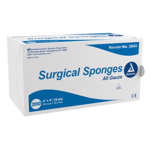 Dynarex Surgical Gauze Sponge, 4" x 4" 12 Ply, 10/200/cs 3243