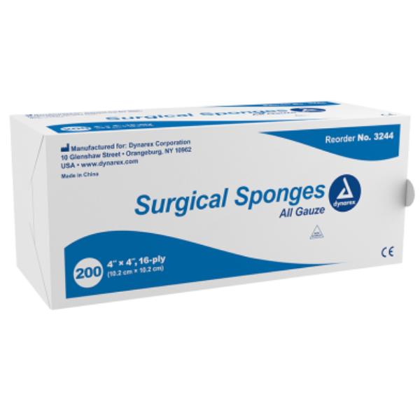 Dynarex Surgical Gauze Sponge, 4" x 4" 16 Ply, 10/200/cs 3244