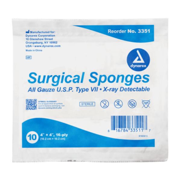 Dynarex Surgical Gauze Sponge - Sterile, X-Ray Detectable, 4" x 4", 128 ...