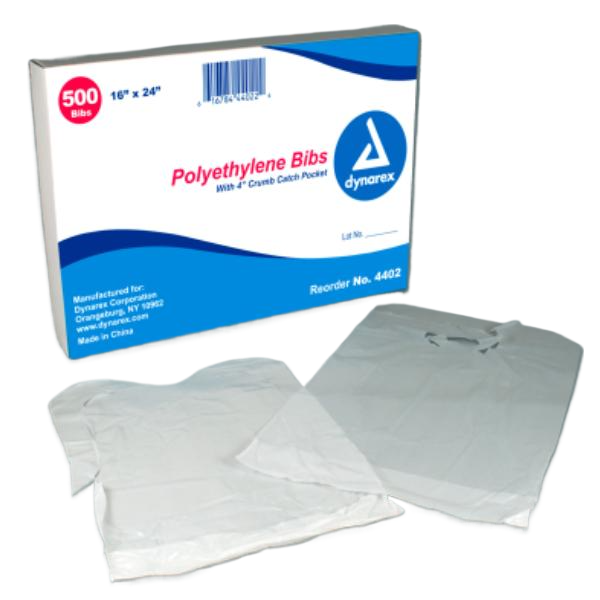 Dynarex Polyethelene Bibs Crumb Catch 3" Pocket, 16" x 24", 4/500/cs 4402