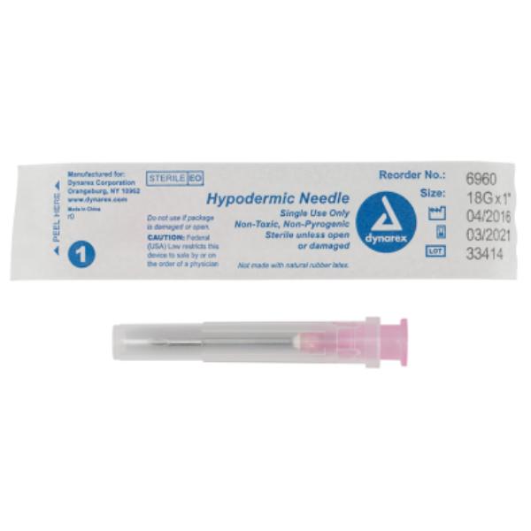 Dynarex Hypodermic Needle - Non-Toxic, 18G, 1" Needle, 10/100/cs 6960