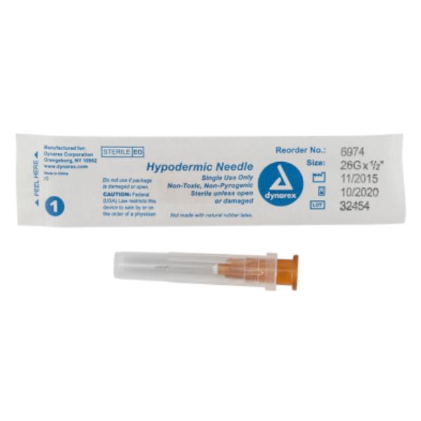 Dynarex Hypodermic Needle - Non-Safety, 26G, 1/2" Needle, 10/100/cs 6974
