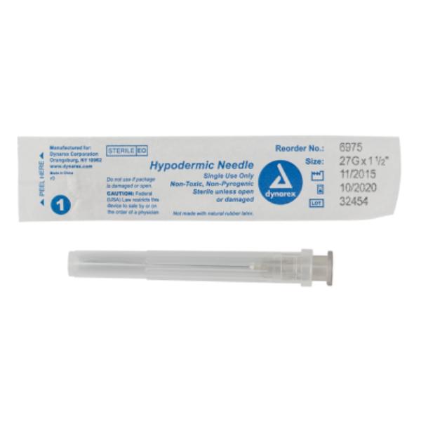 Dynarex Hypodermic Needle - Non-Toxic, 27G, 1 1/2" Needle, 10/100/cs 6975