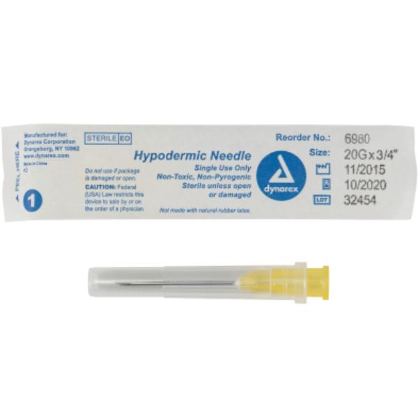 Dynarex Hypodermic Needle - Non-Toxic, 20G, 3/4" Needle, 10/100/cs 6980