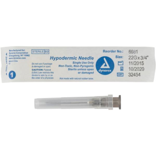 Dynarex Hypodermic Needle - Non-Toxic, 22G, 3/4" Needle, 10/100/cs 6981