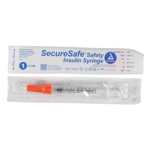 Dynarex SecureSafe Safety Insulin Syringe - 0.5 ml (New Mechanism), 29G ...