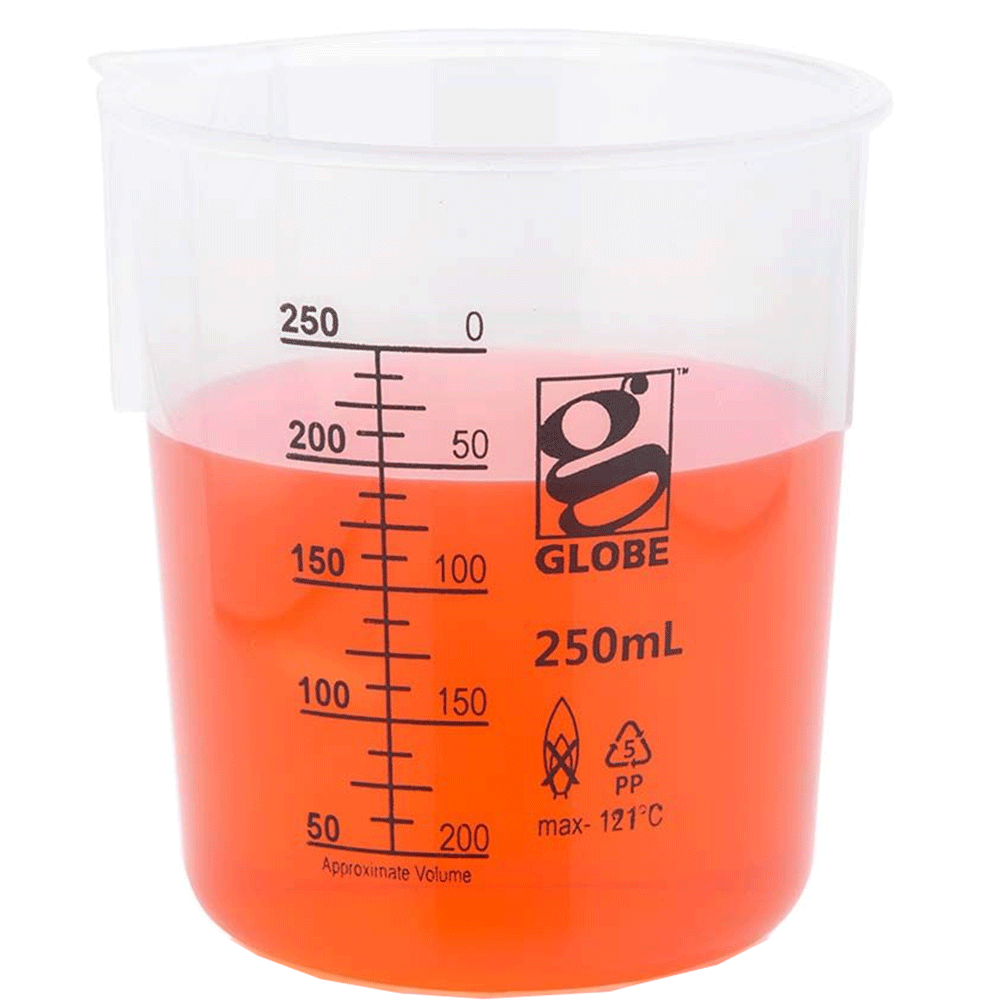 Globe Scientific 250mL Beaker, Low Form, Graduations, PP Griffin Style, 6/Box Lab Equipment ...